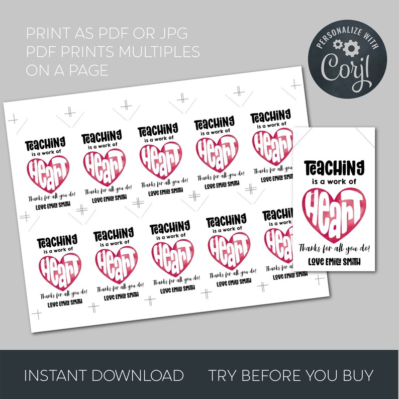 Teaching is A Work of Heart Gift Tag Template, Printable Minimalist ...