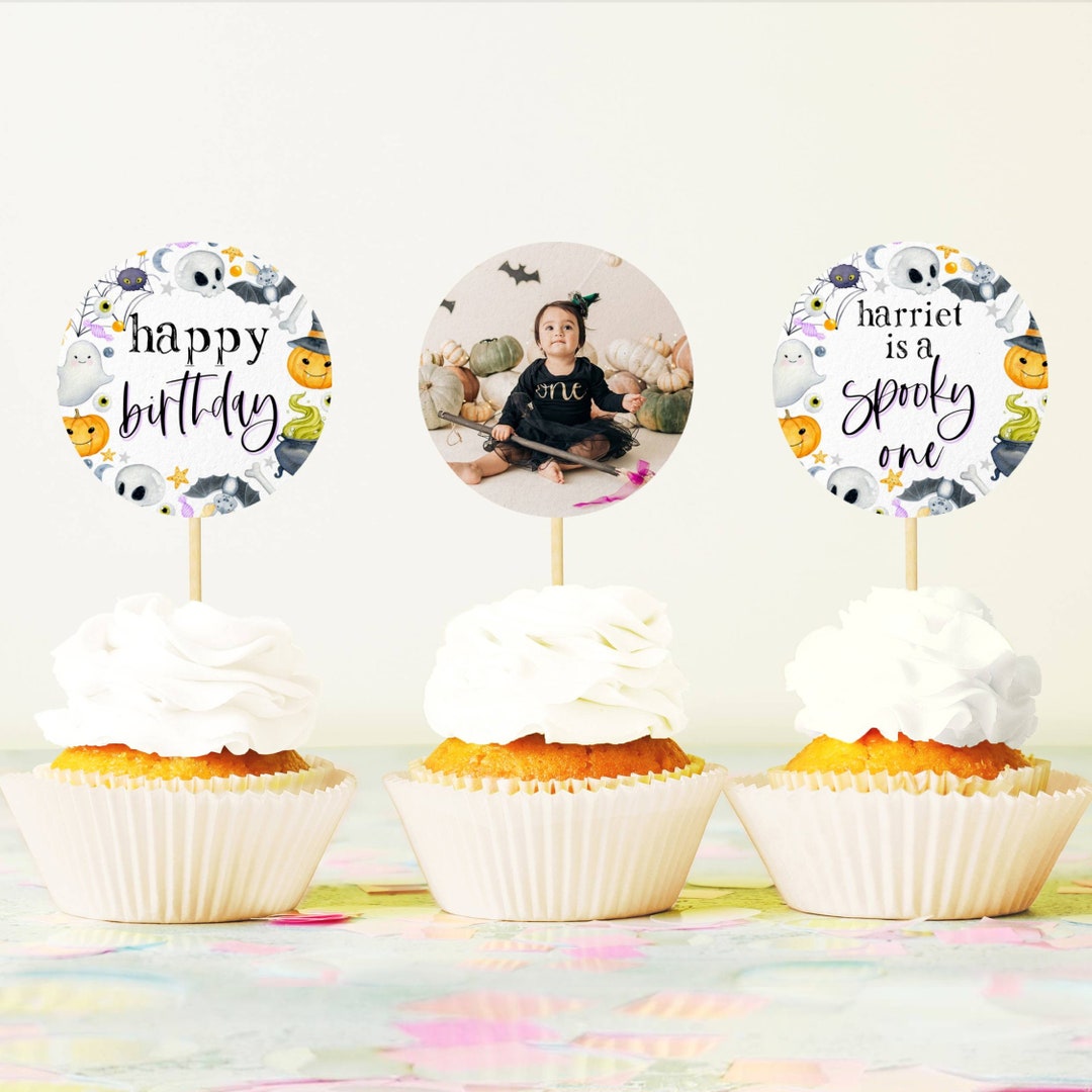 Printable Spooky One Birthday Cupcake Topper Template, Editable ...