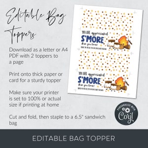 Editable S'mores Bag Topper Template, Printable Appreciated Smore Than ...