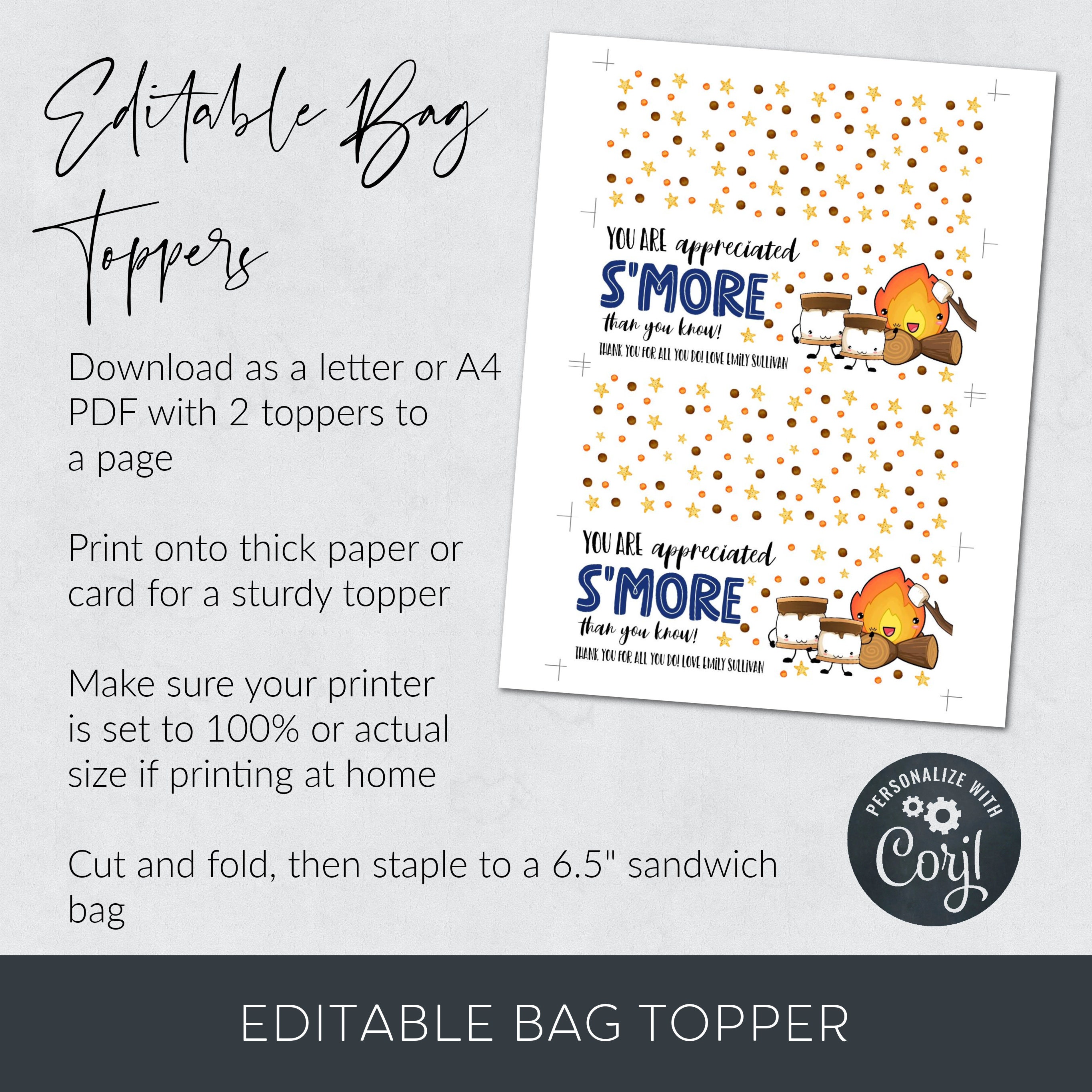 Editable S'mores Bag Topper Template, Printable Appreciated Smore Than ...