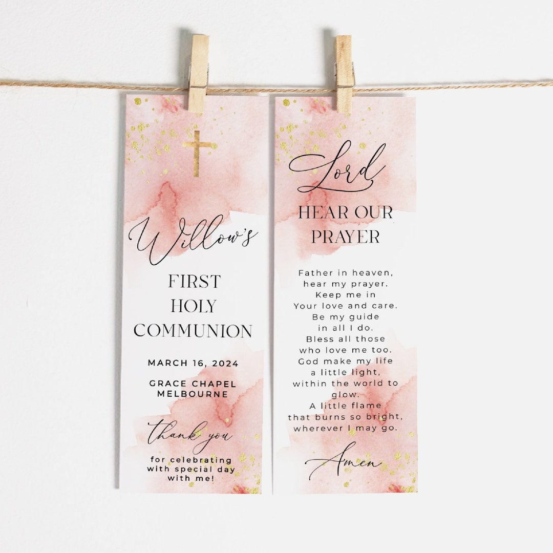 Blush Pink & Gold First Holy Communion Bookmark Template, Printable ...
