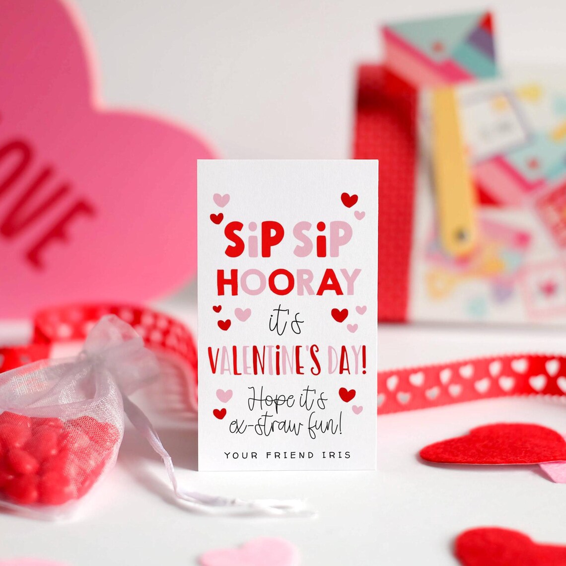 Sip Sip Hooray Valentine's Day Gift Tag Template, Printable Crazy Straw ...