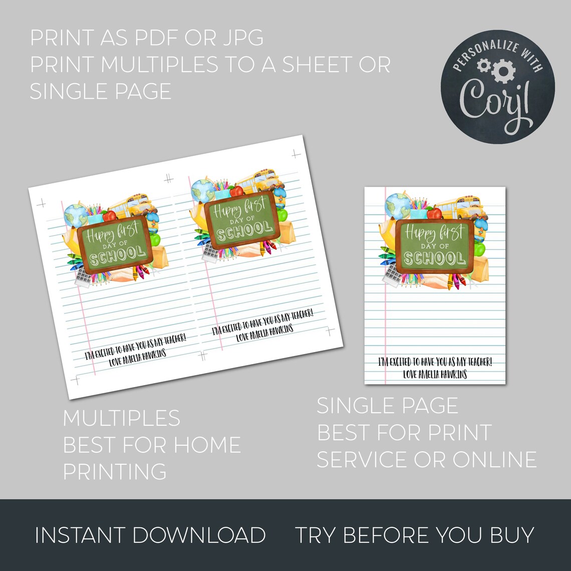 First Day of School Teacher Gift Card Holder Template, Printable ...