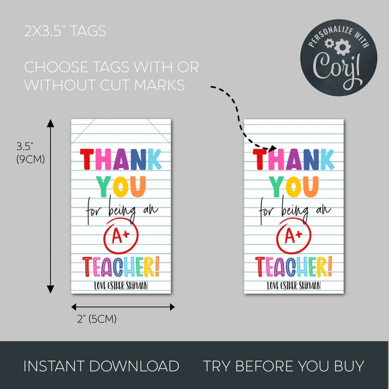Editable Teacher Appreciation Gift Tag Template, Printable A+ Teacher ...