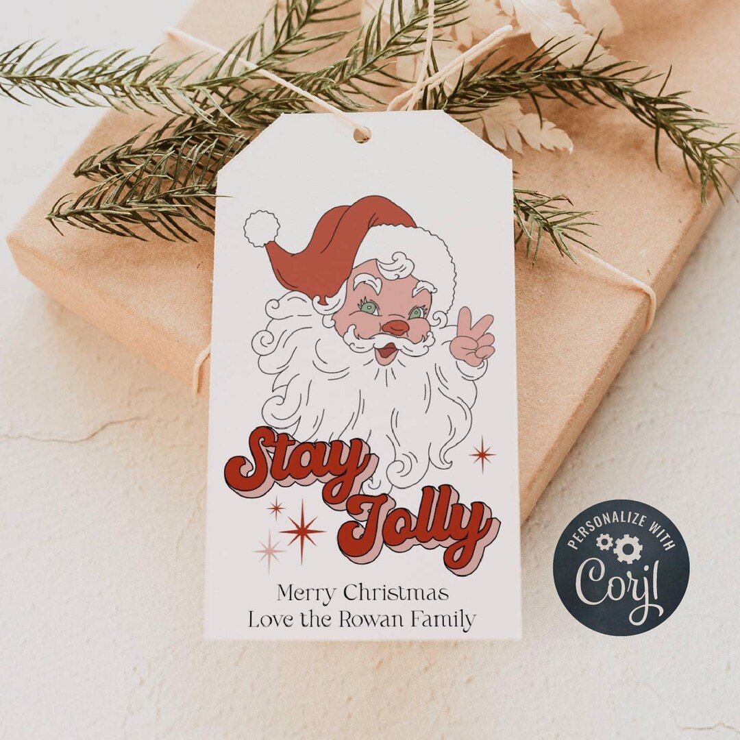 Groovy Santa Christmas Gift Tag Template, Printable Retro Holiday Favor ...