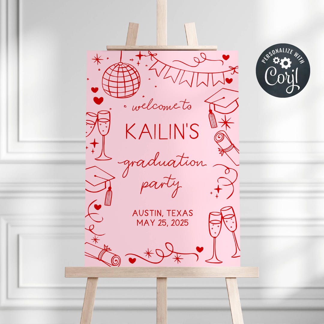 Whimsical Doodles Graduation Pink Welcome Sign Template, Printable ...