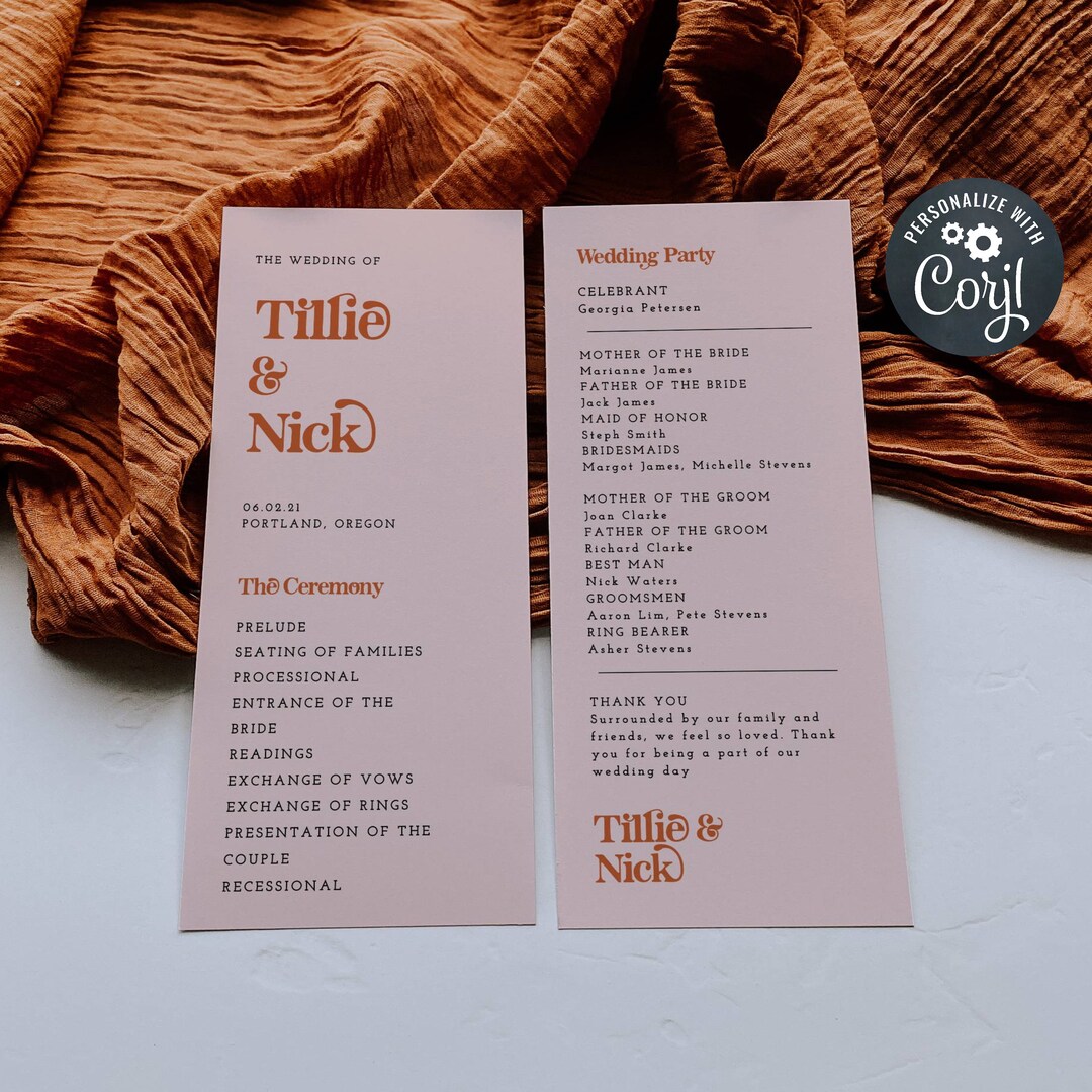 Retro Wedding Program Template Printable Peach & Rust - Etsy