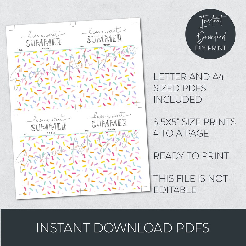 Printable Sweet Summer Mini Cookie Card, Ice Cream Sprinkles Cookie Tag ...