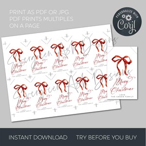 Red Ribbon Christmas Gift Tag Template, Printable Classic Bow Holiday ...