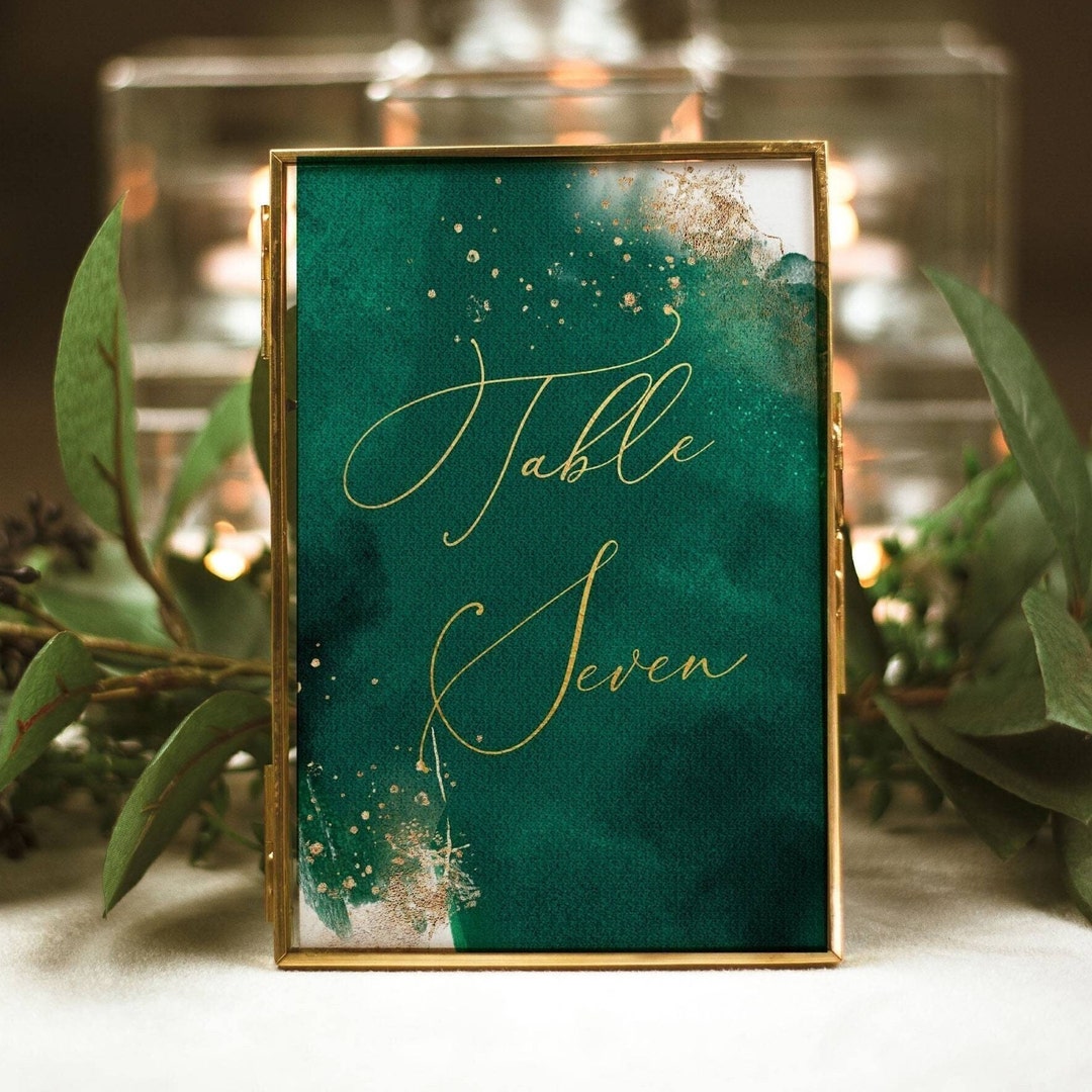 Emerald Watercolor Table Number Template, Printable Hunter Green & Gold ...