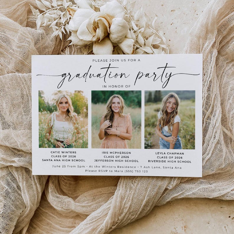 Three People Graduation Invitation Template, Printable Joint Photo ...