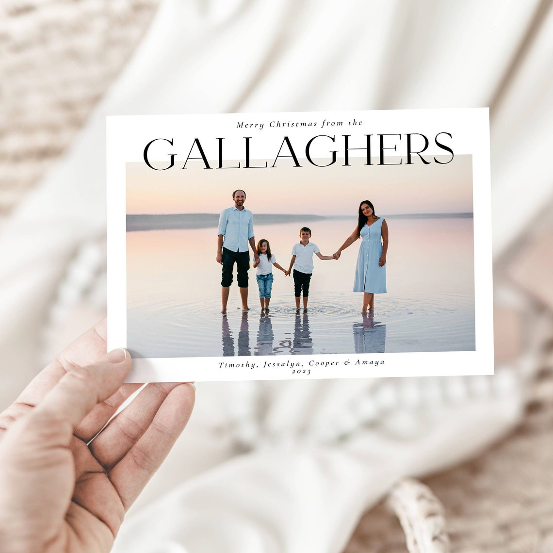 Simple Family Name Photo Holiday Card Template, Printable Modern ...