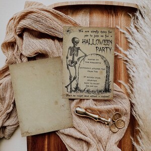 Vintage Skeleton Tombstone Halloween Invitation Template, Editable ...