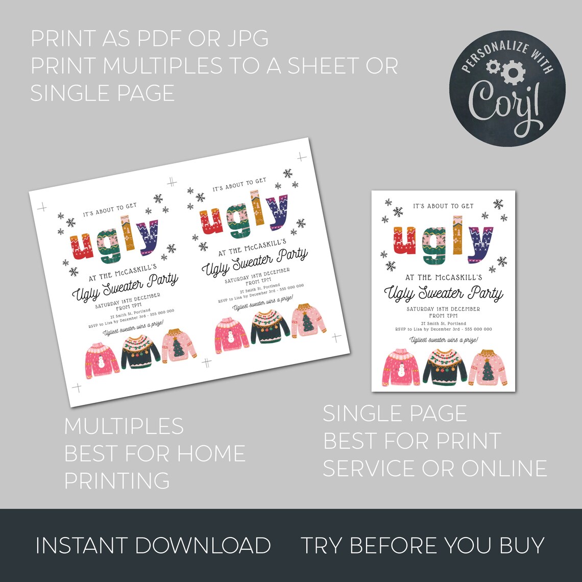 Ugly Sweater Christmas Invitation Template, Printable Holiday Party ...