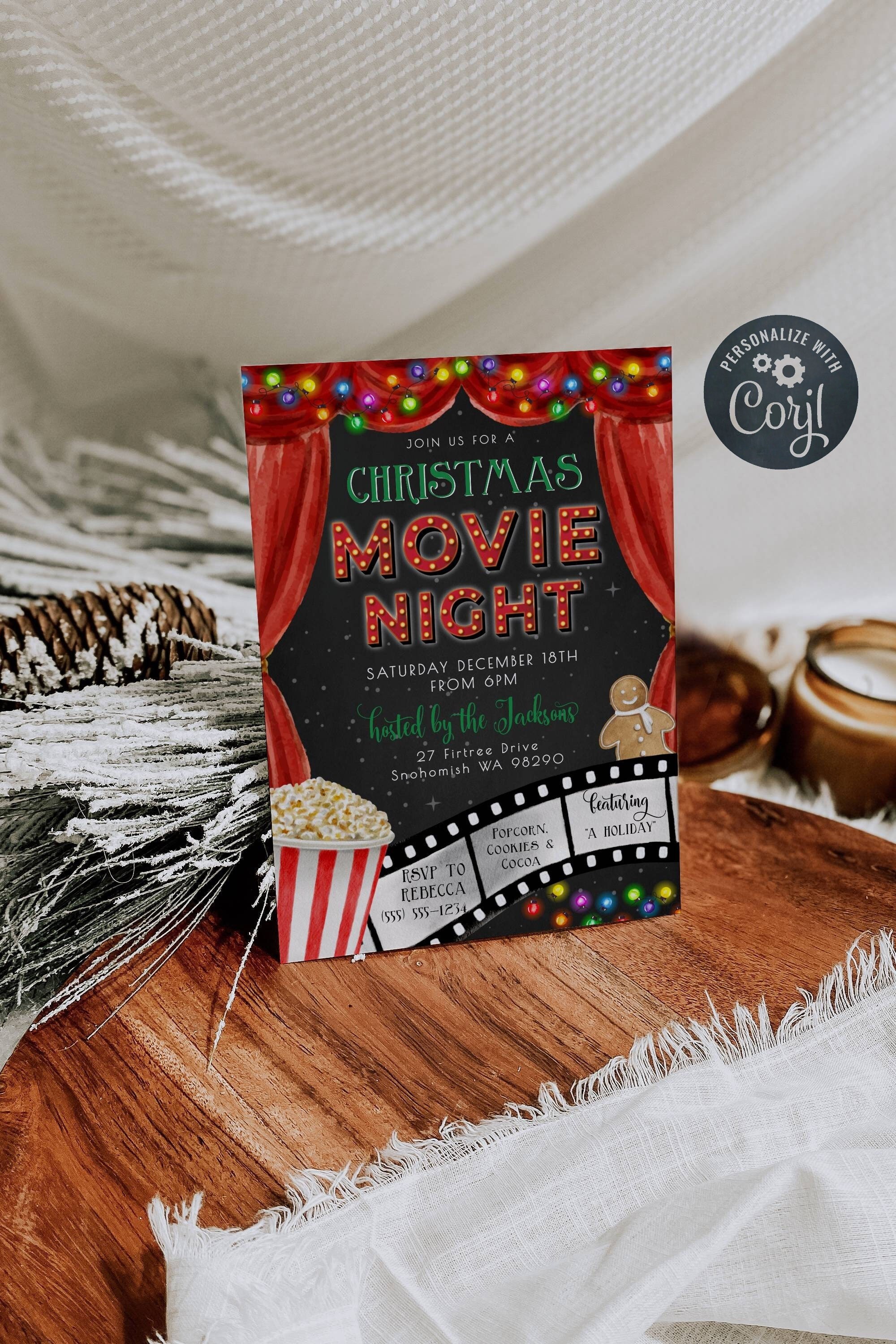 Christmas Movie Night Invitation Template Printable Holiday - Etsy Canada
