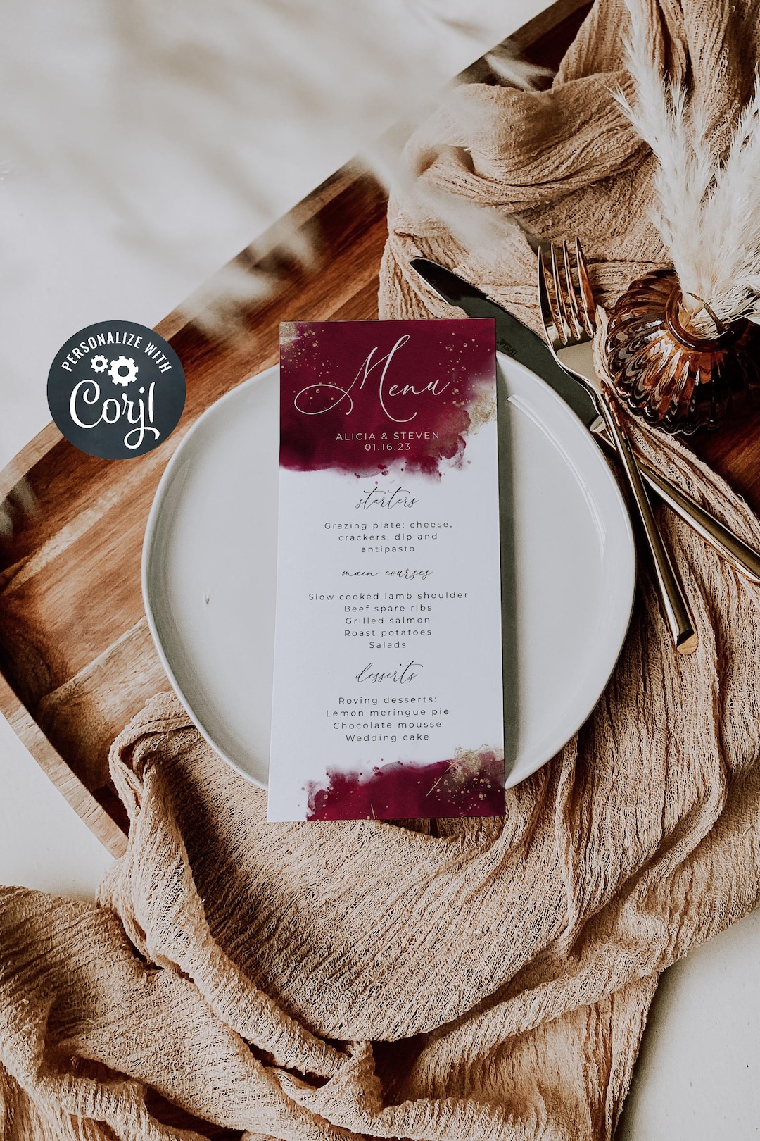 Burgundy Watercolor Menu Template, Printable Maroon & Gold Wedding ...