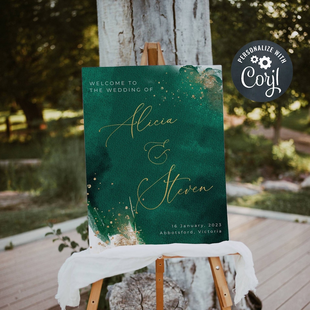 Emerald Watercolor Welcome Sign Template, Printable Hunter Green & Gold ...