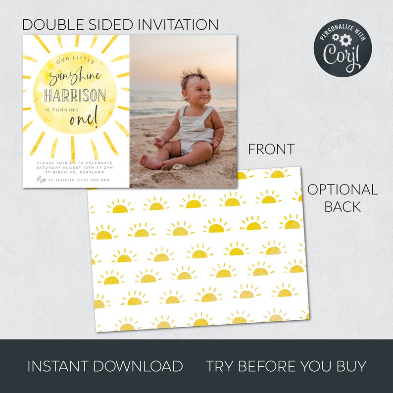 Sunshine Birthday Photo Invitation Template Printable First - Etsy