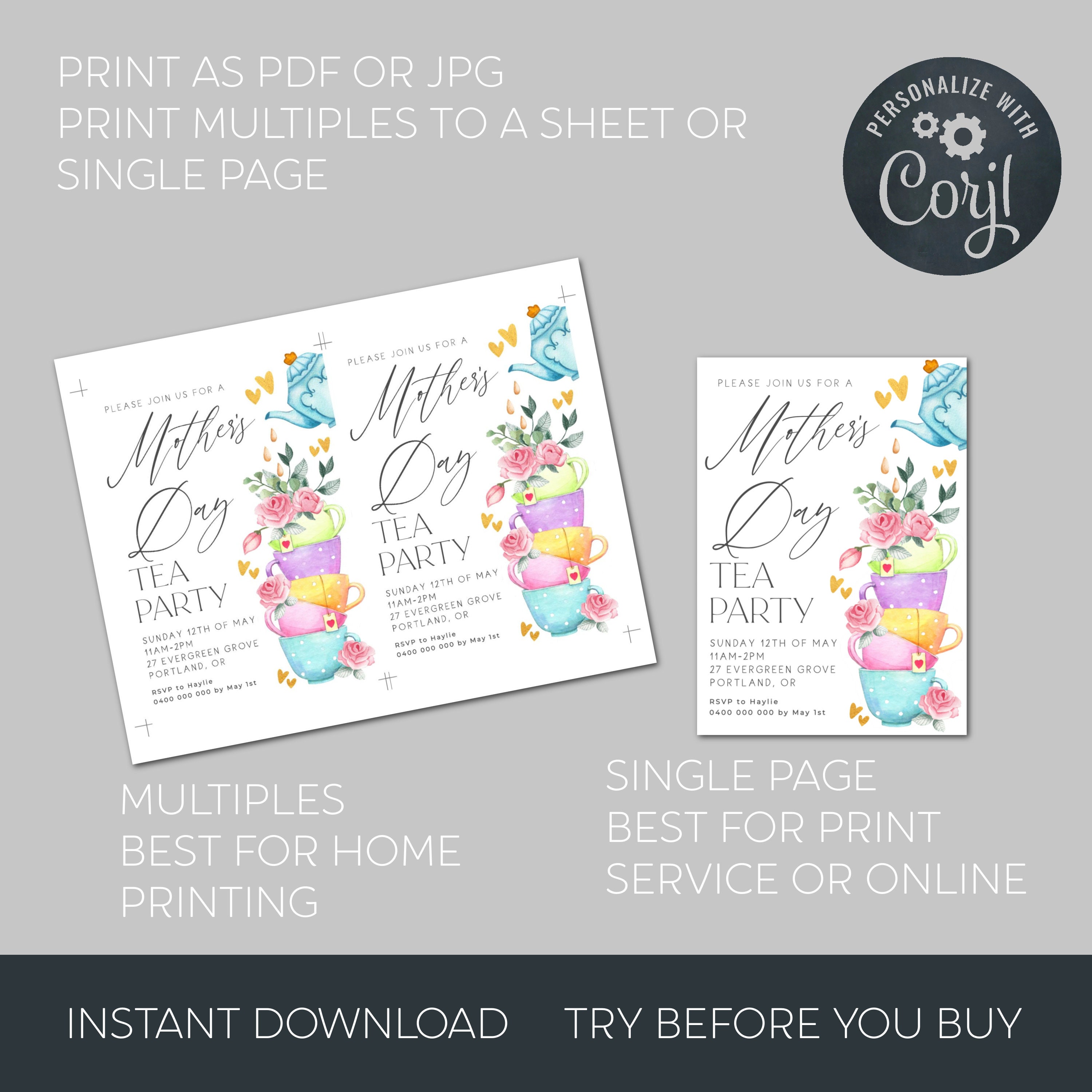 Mother's Day Tea Party Invitation Template, Printable Tea Cups Brunch ...