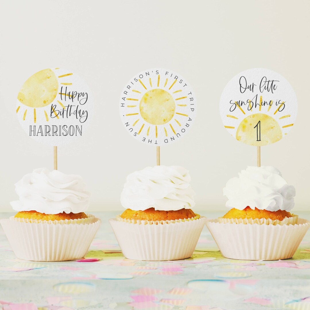 Sunshine 1st Birthday Cupcake Topper Template, Editable First Trip ...