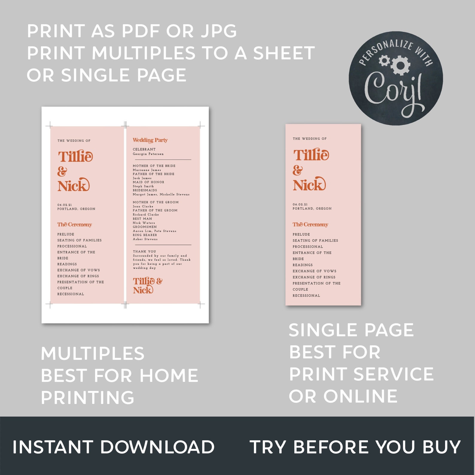 Retro Wedding Program Template Printable Peach & Rust | Etsy