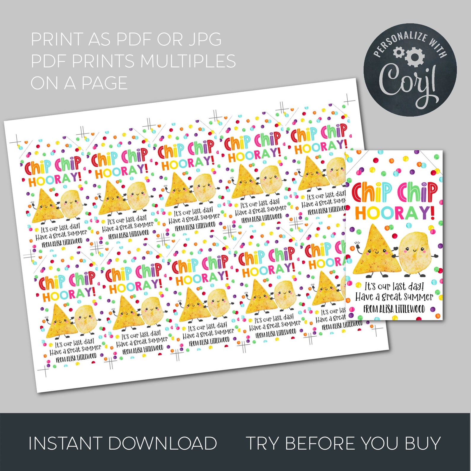Last Day of School Chips Gift Tag Template, Printable Chip Chip Hooray ...