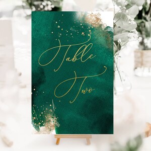 Emerald Watercolor Table Number Template, Printable Hunter Green & Gold ...