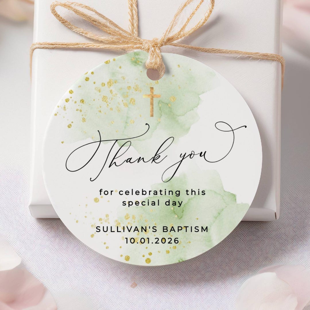 Sage Green & Gold Watercolor Baptism Favor Tag Template, Printable ...