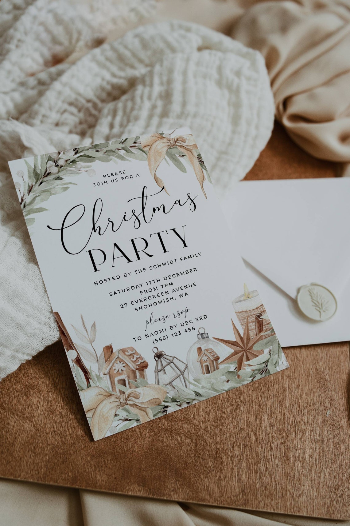 Modern Boho Christmas Party Invitation Template, Printable Holiday ...