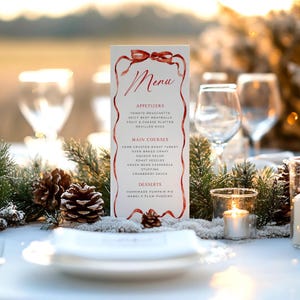 Red Ribbon Christmas Menu Template, Printable Red Bow Holiday Dinner ...