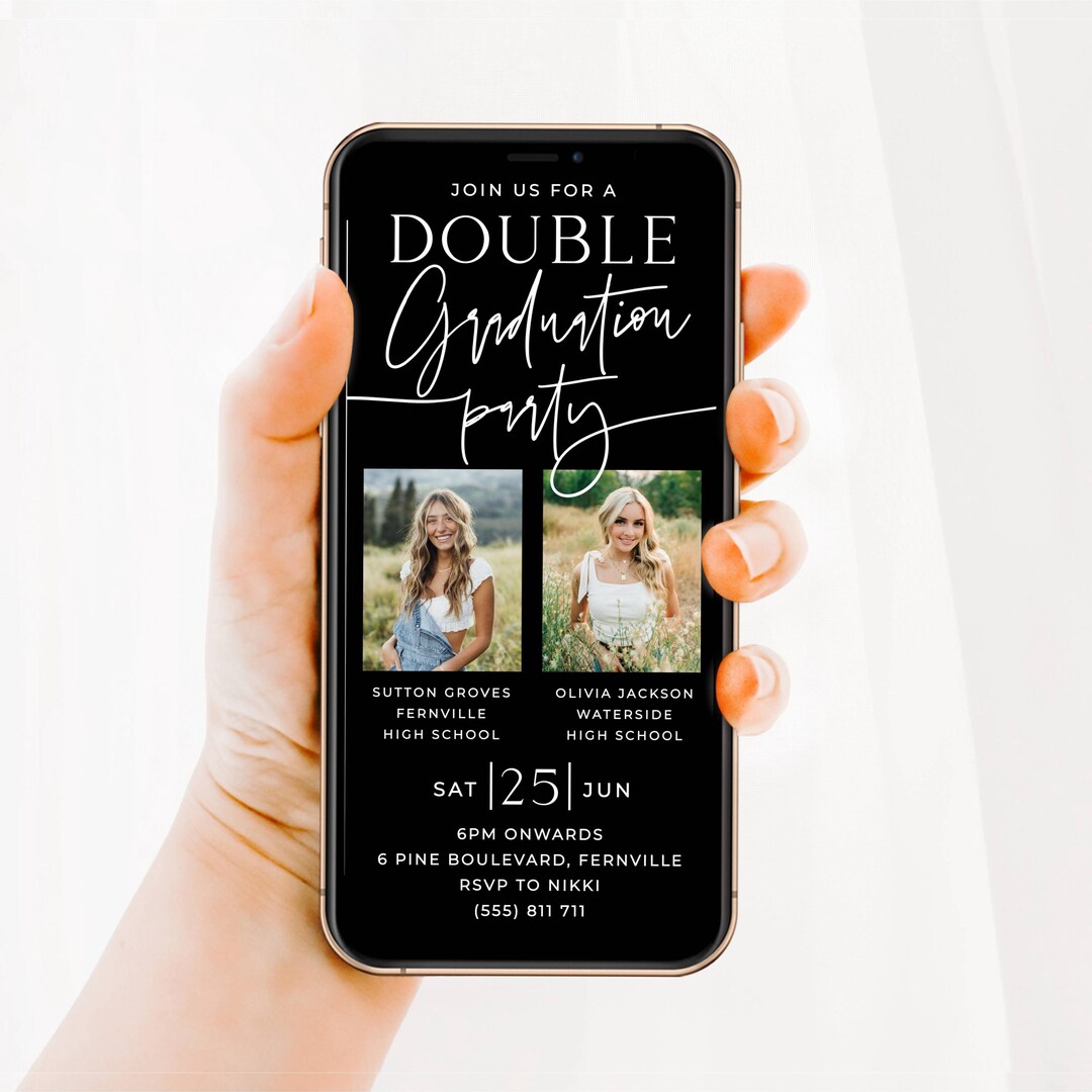 Electronic Photo Double Graduation Party Invitation Template, Editable ...