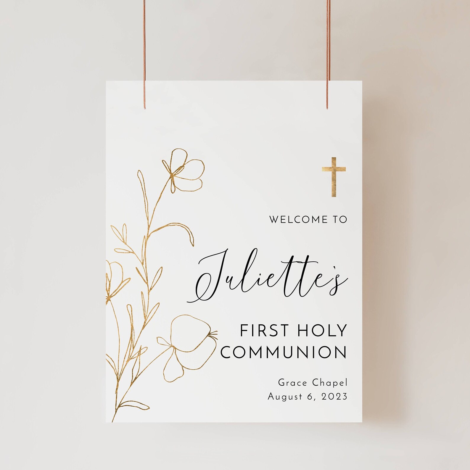 First Communion Welcome Sign Template, Printable Gold Floral 1st ...