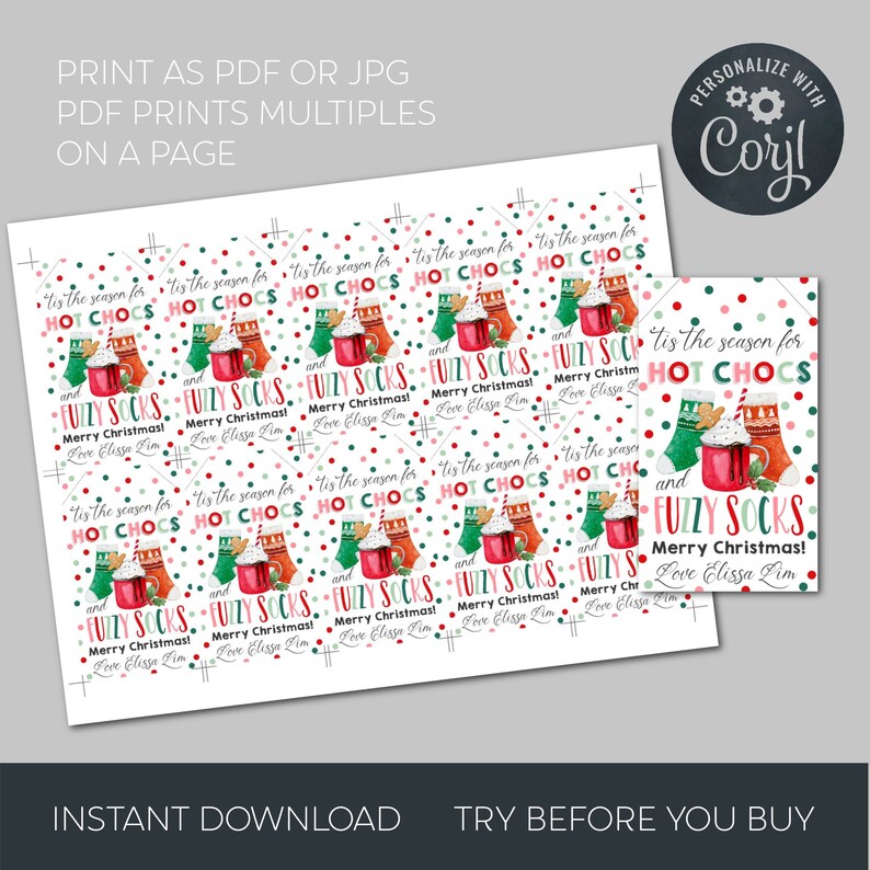 Hot Chocs and Fuzzy Socks Christmas Gift Tag Template, Printable ...