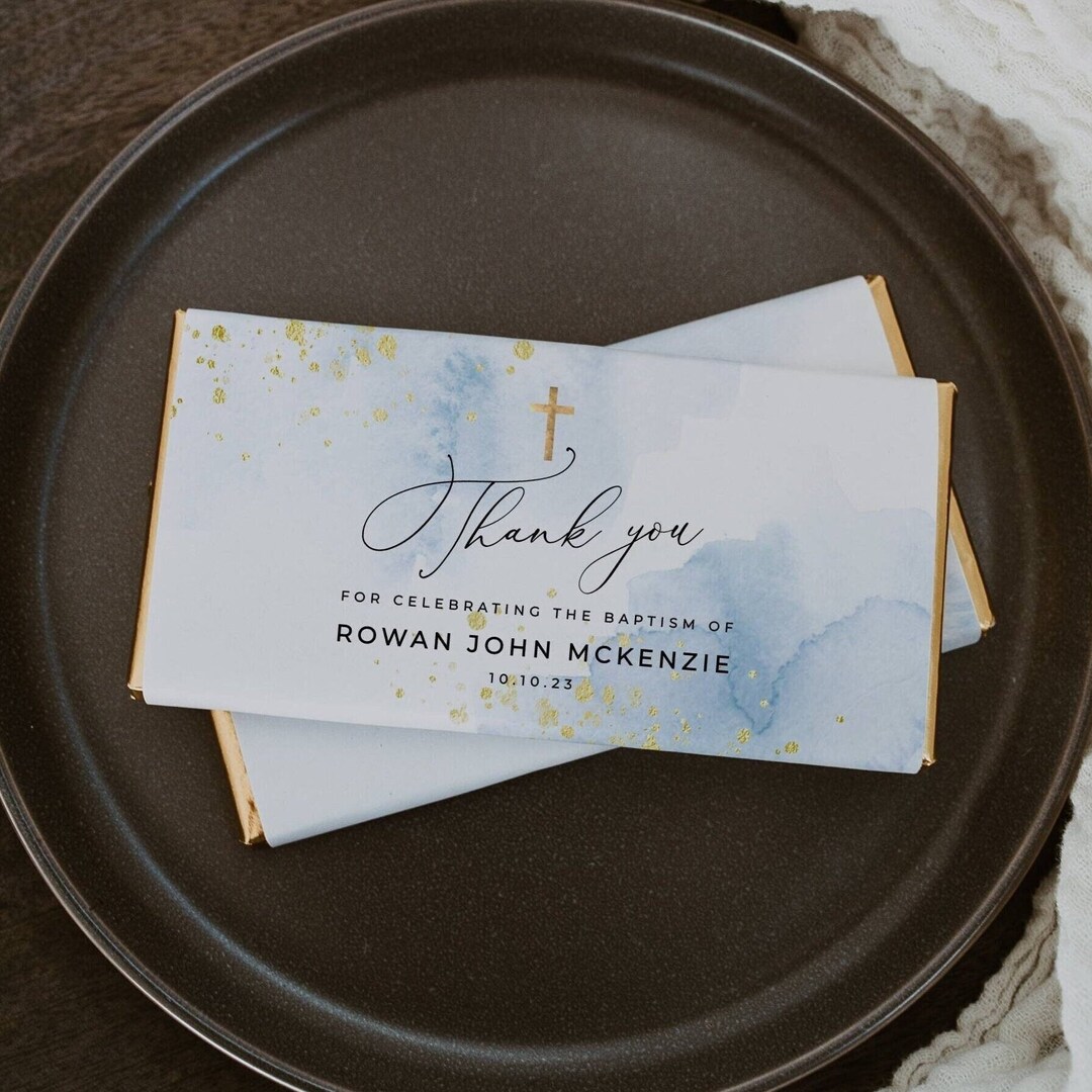 Blue & Gold Baptism Chocolate Bar Wrapper Template, Printable Editable ...