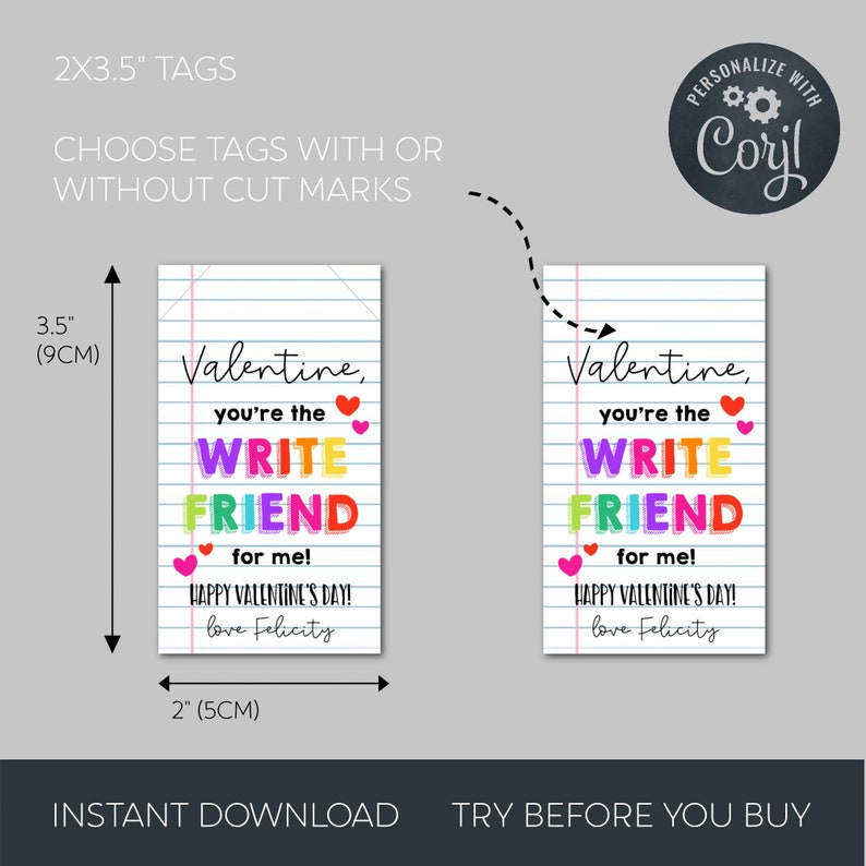 You Are the Write Friend for Me Valentine's Day Gift Tag Template ...