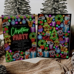 Neon Christmas Invitation Template, Printable Fun Holiday Party Invite ...