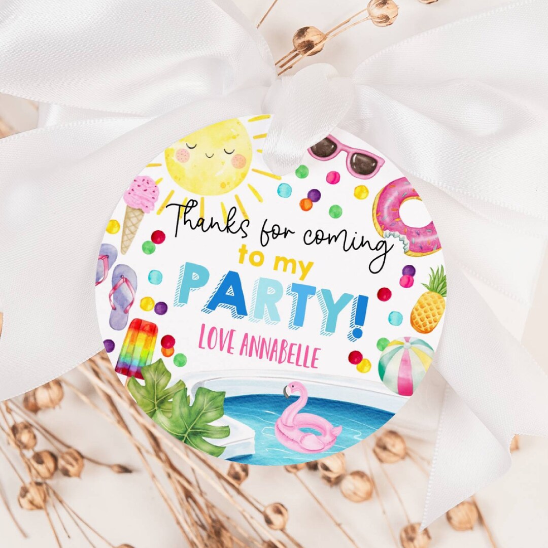 Round Pool Party Favor Tag Template, Printable Summer Birthday Thank ...
