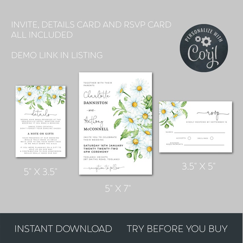Daisy Wedding Invitation Set Template, Printable White Daisies Wedding ...