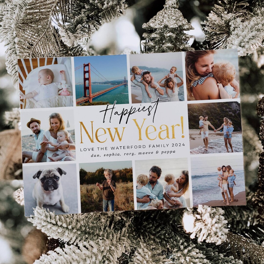 Photo Collage Happy New Year Holiday Card Template, Printable Modern ...