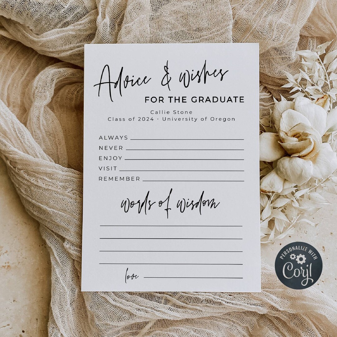 Graduation Advice and Wishes Card Template, Printable Modern Advice for ...