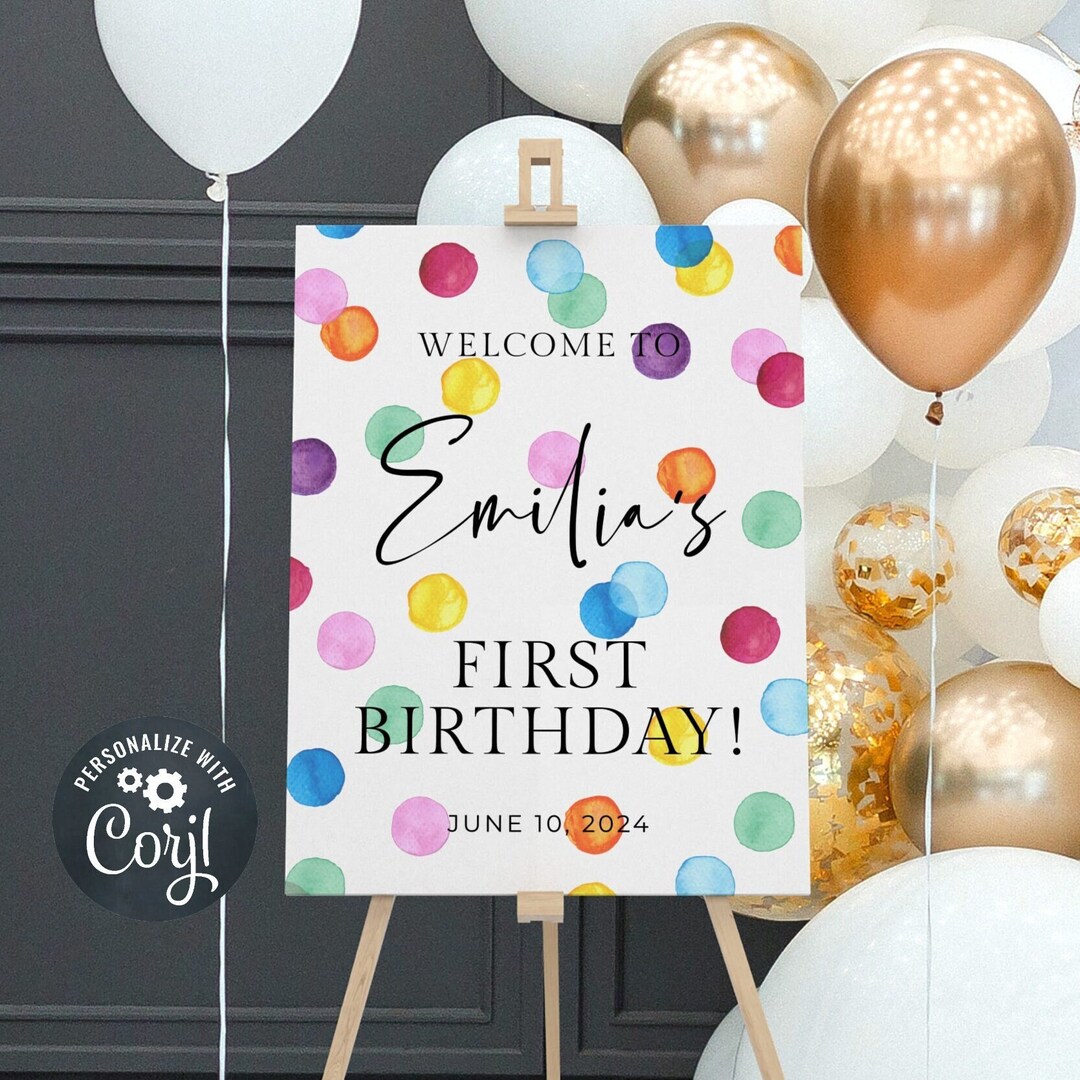 Rainbow Spots Birthday Welcome Sign Template, Printable Polka Dot ...