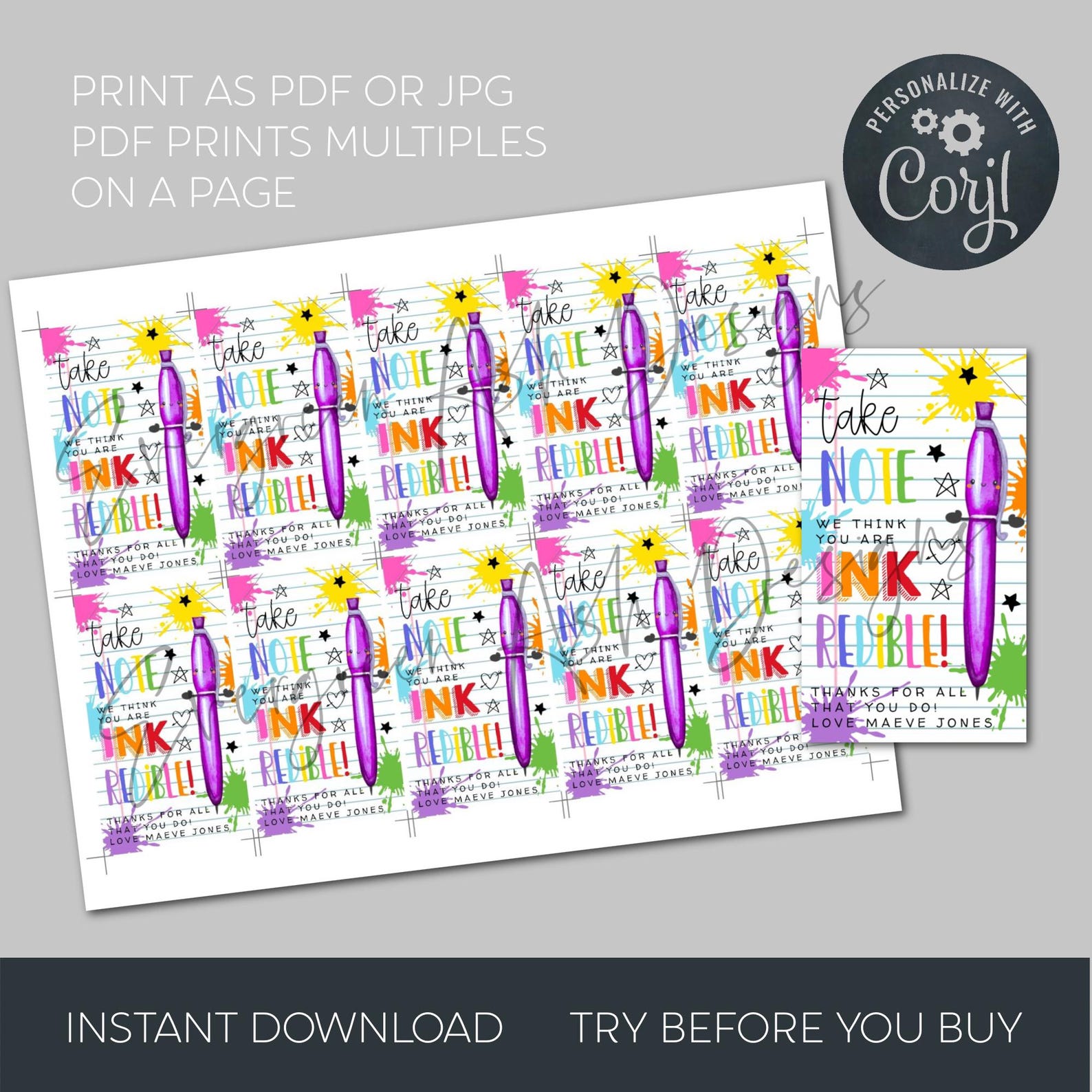 Teacher Appreciation Pens Gift Tag Template, Printable Take Note You ...