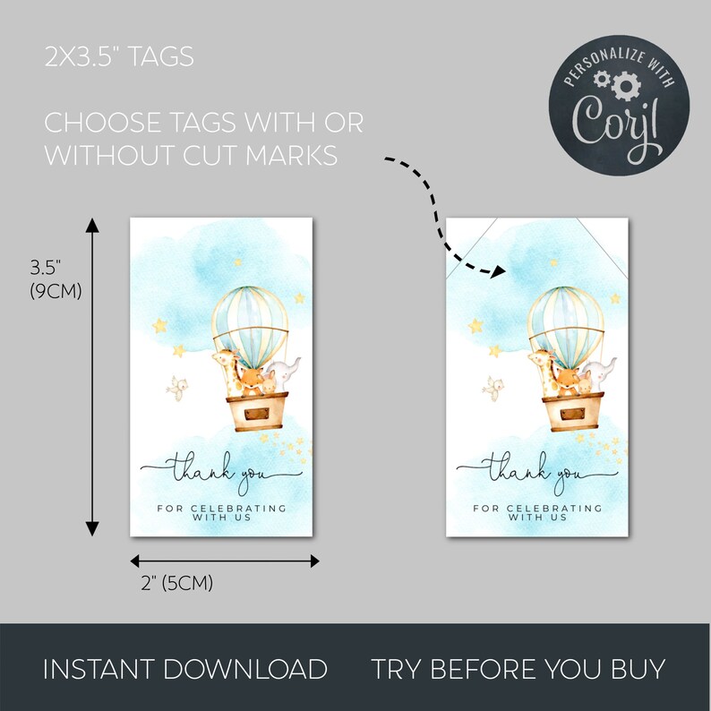 Hot Air Balloon Baby Shower Gift Tag Template, Printable Baby Animals ...