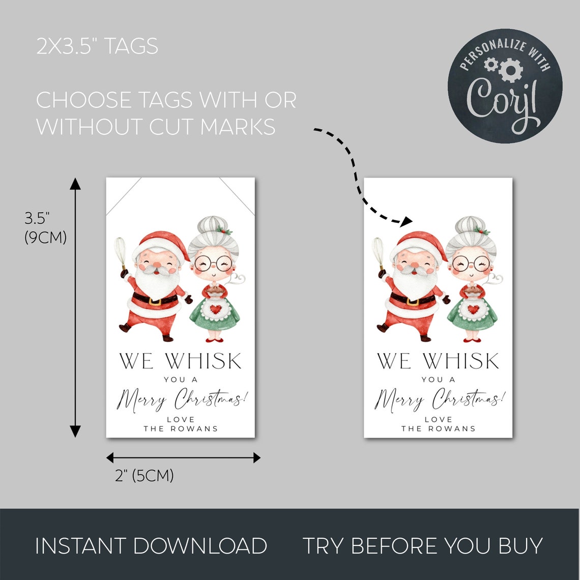We Whisk You A Merry Christmas Tag, Printable Christmas Cute Santa Gift ...