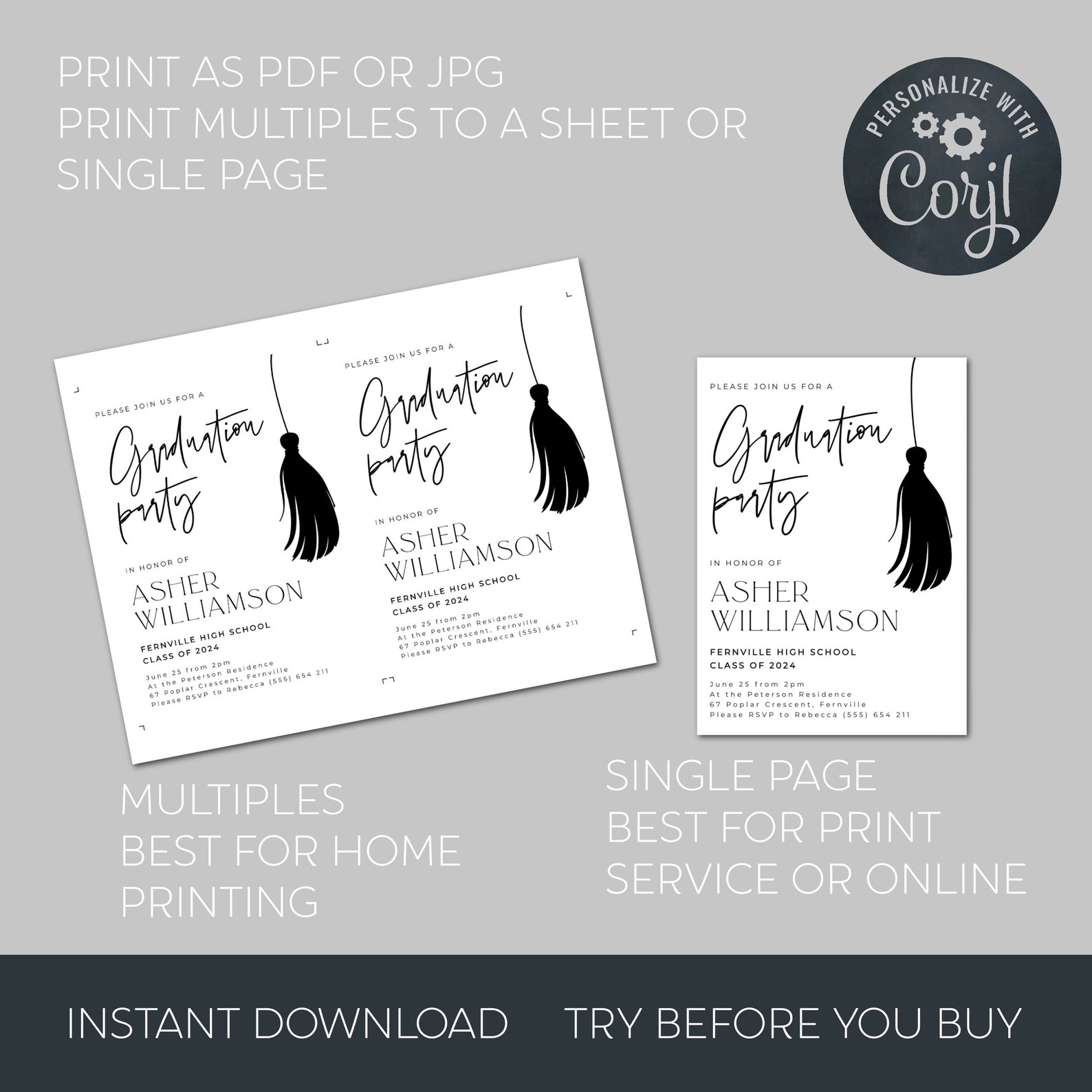Tassel Graduation Invitation Template, Printable Modern Graduate ...
