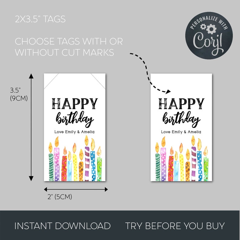 Printable Happy Birthday Gift Tag Template Watercolor Candles - Etsy