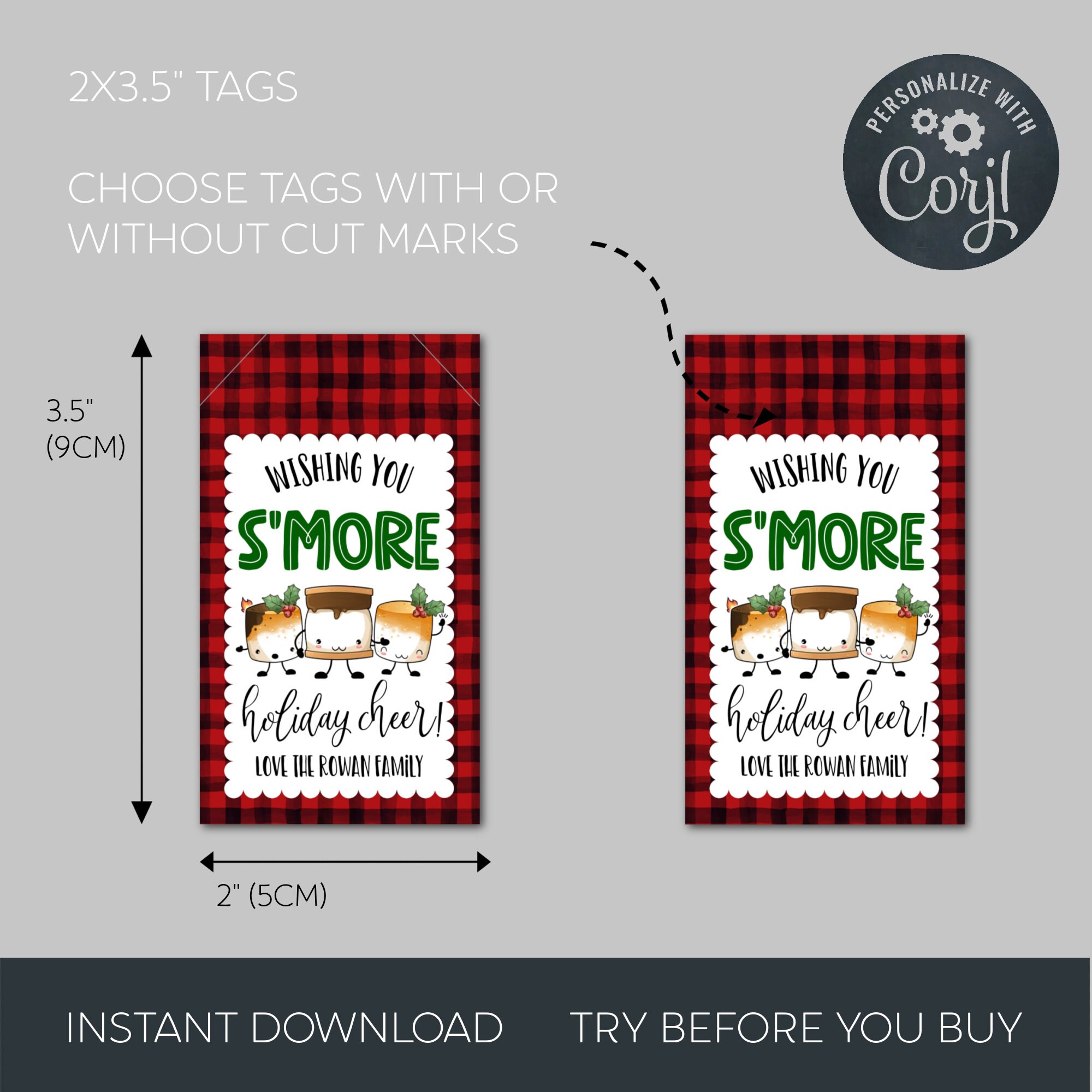 S'mores Christmas Gift Tag Template, Printable Plaid Holiday Favor Tag ...
