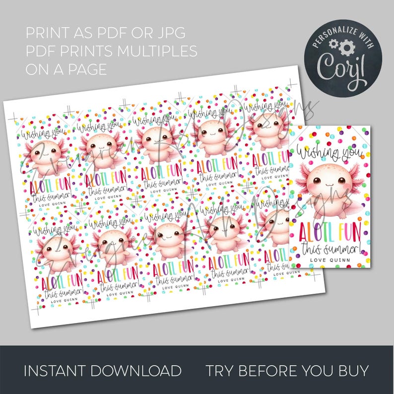 Summer Axolotl Gift Tag Template, Printable Wishing You Alotl Fun Favor ...