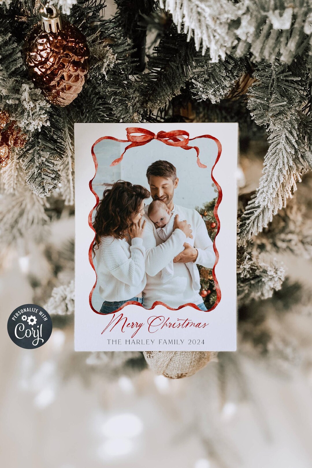 Red Bow Holiday Card Template, Printable Family Photo Christmas Card ...