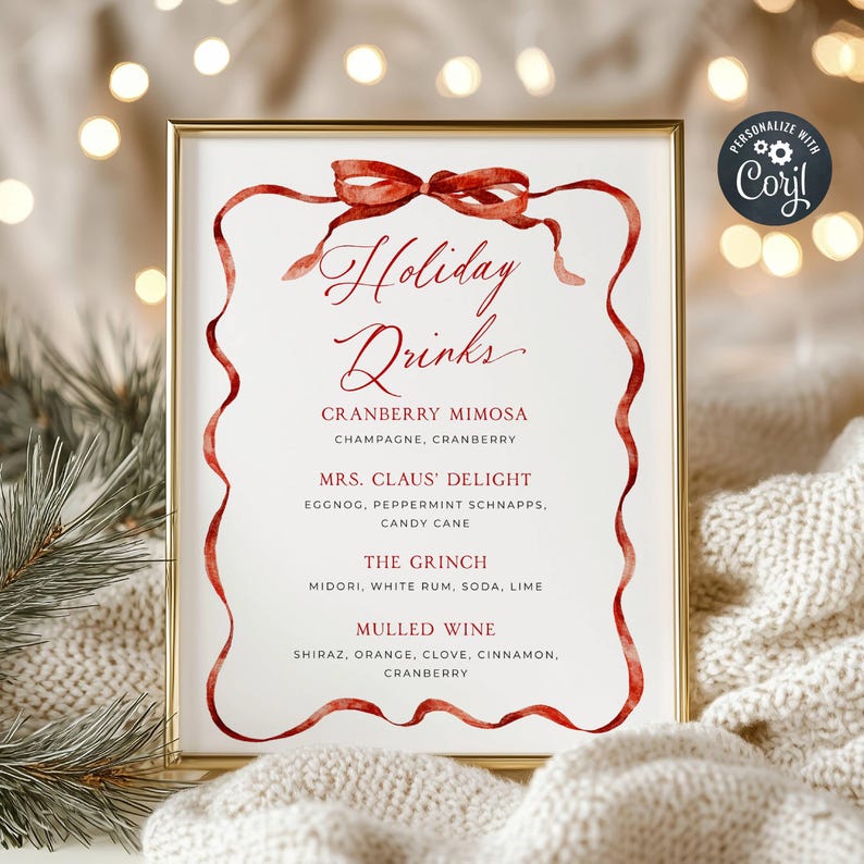 Red Ribbon Holiday Drinks Bar Menu Template, Printable Christmas ...
